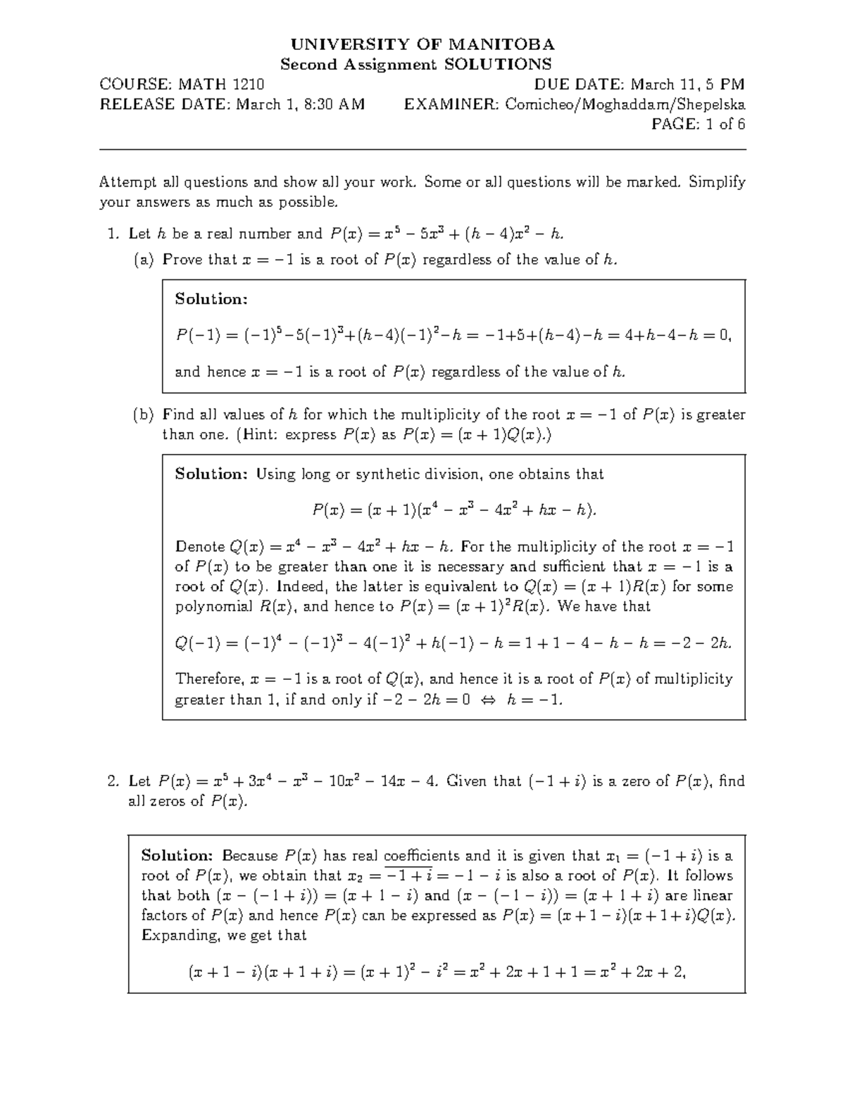 Assignment-2solutions - COURSE: MATH 1210 RELEASE DATE: March 1, 8:30 ...