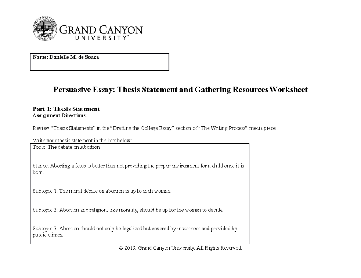 Thesis Statement and Gathering Resources Worksheet - Name: Danielle M ...