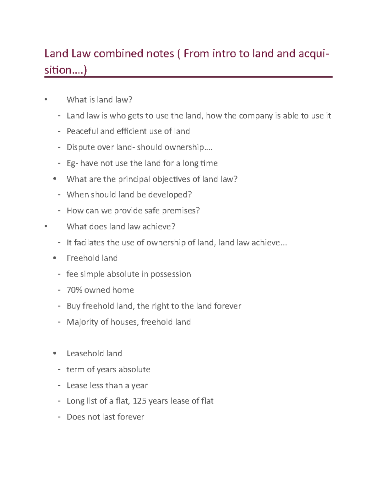 Land Law notes combined - Land Law combined notes ( From intro to land ...