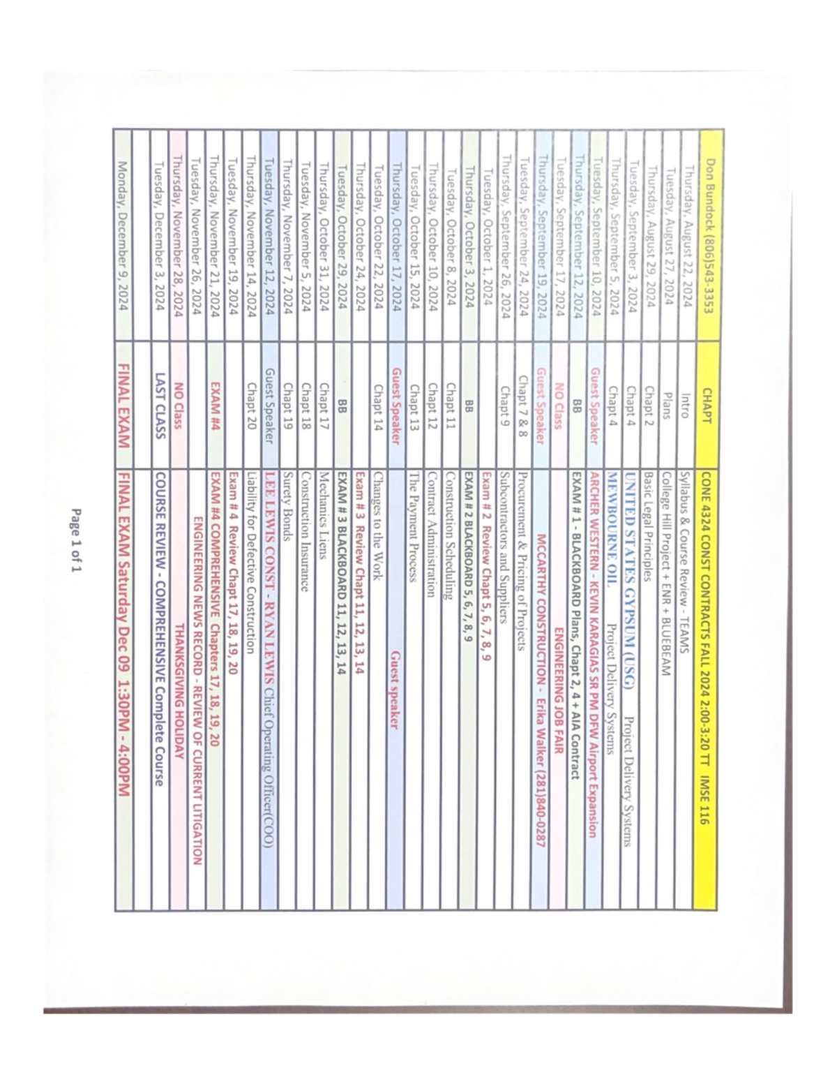 Schedule CONE 4324 Const Contracts - Fall 24 - Don Bundock CHAPT CONE ...