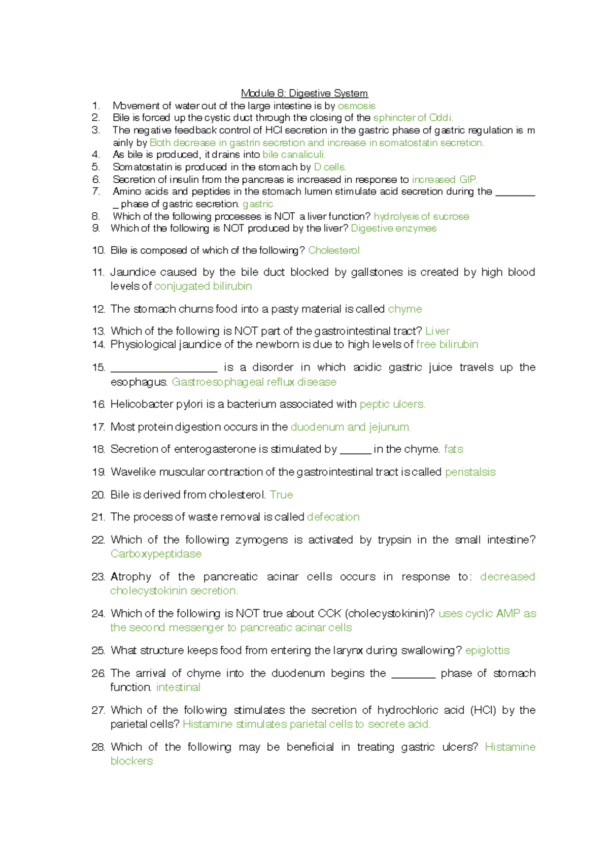 Module 8 answers w 41 more qs - Module 8: Digestive System Movement of ...