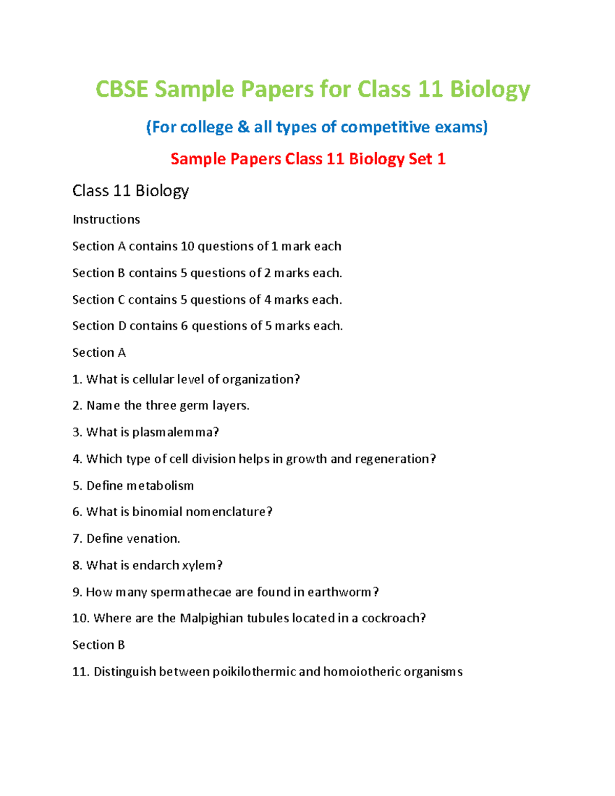 CBSE Sample Papers for Class 11 Biology - CBSE Sample Papers for Class ...