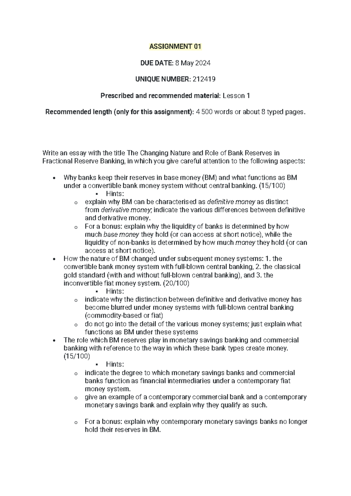 Assignments - Essay questions. - ASSIGNMENT 01 DUE DATE: 8 May 2024 ...