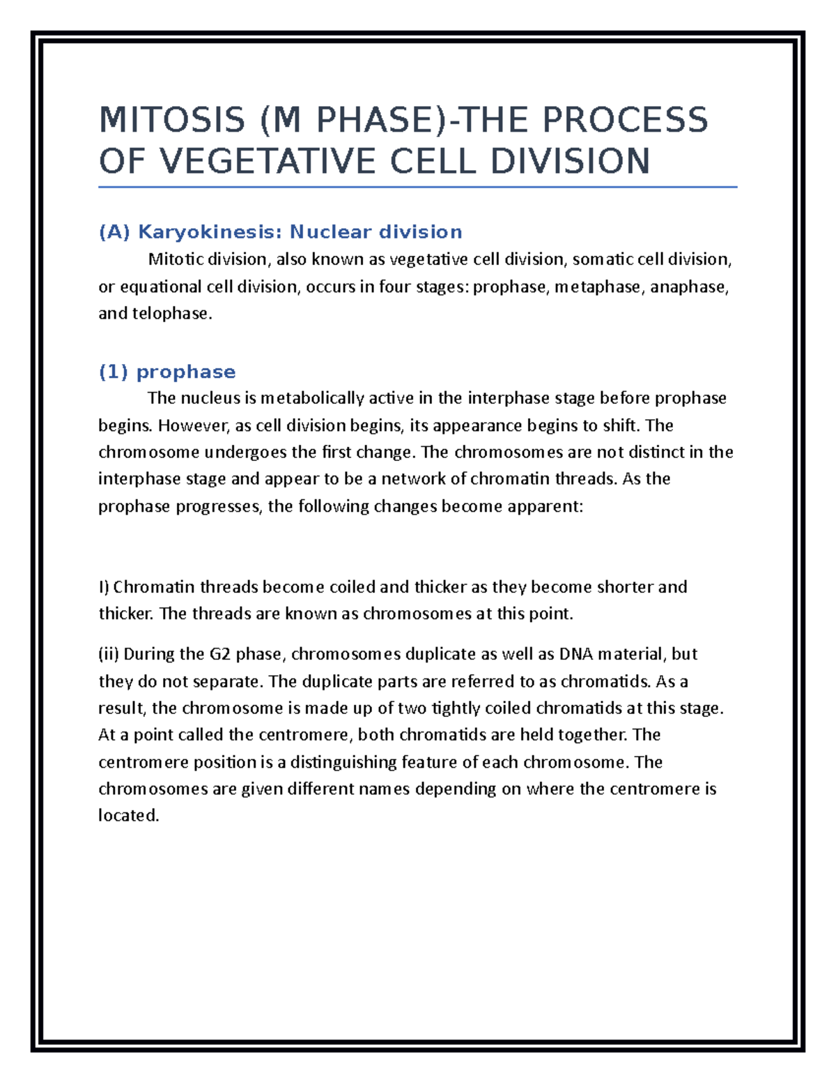Overview OF Mitosis (M Phase)-THE Process OF Vegetative CELL Division ...