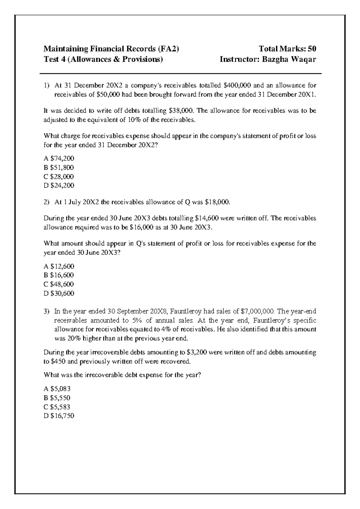 FA2 (Allowances & Provisions) Test 4 - Maintaining Financial Records ...