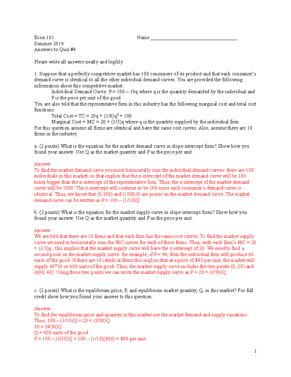 Answerstoquiz 4summer 2014 - Econ 101 Name ...