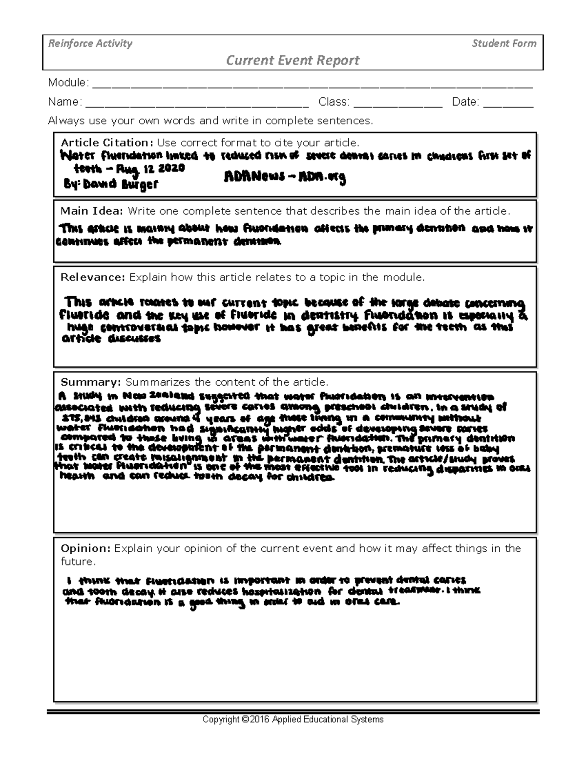 Fluoride current event - Reinforce Activity Student Form Current Event ...