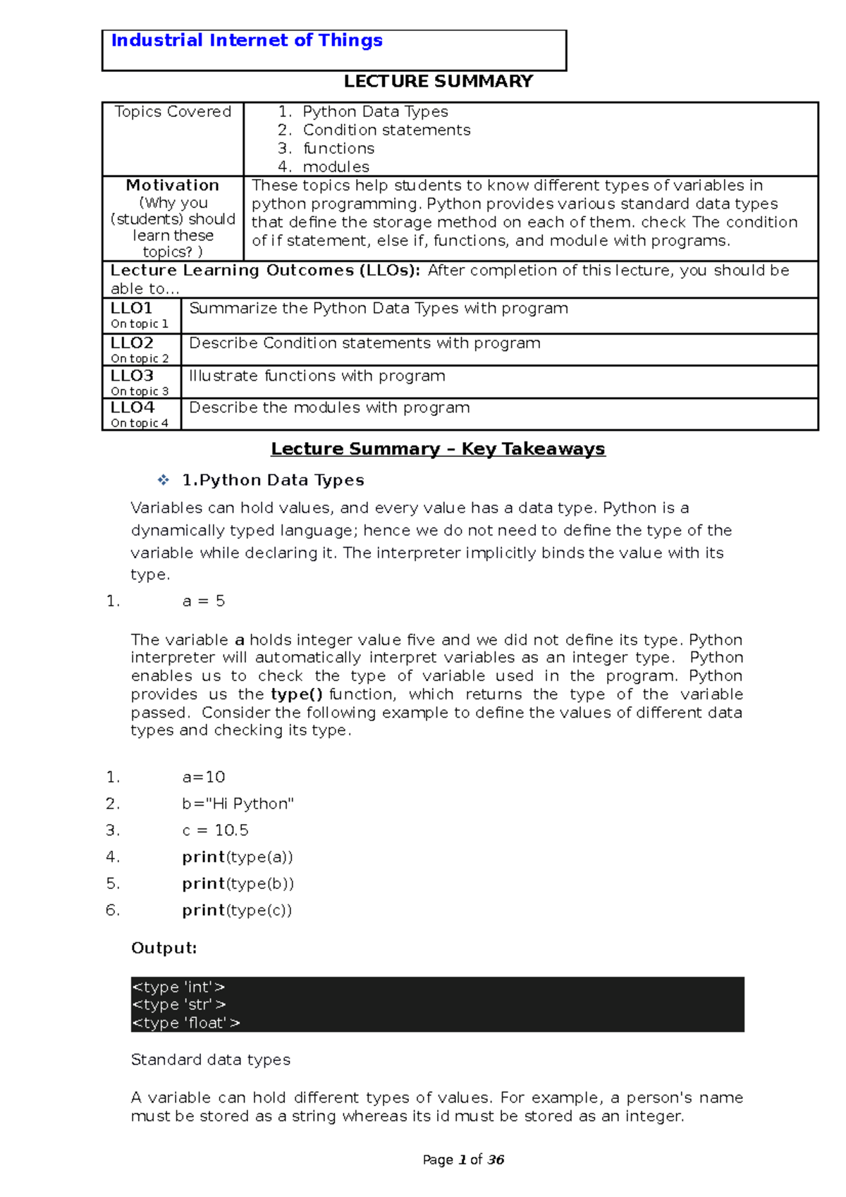 IIOT22 - Industrial internet of things - LECTURE SUMMARY Topics Covered ...