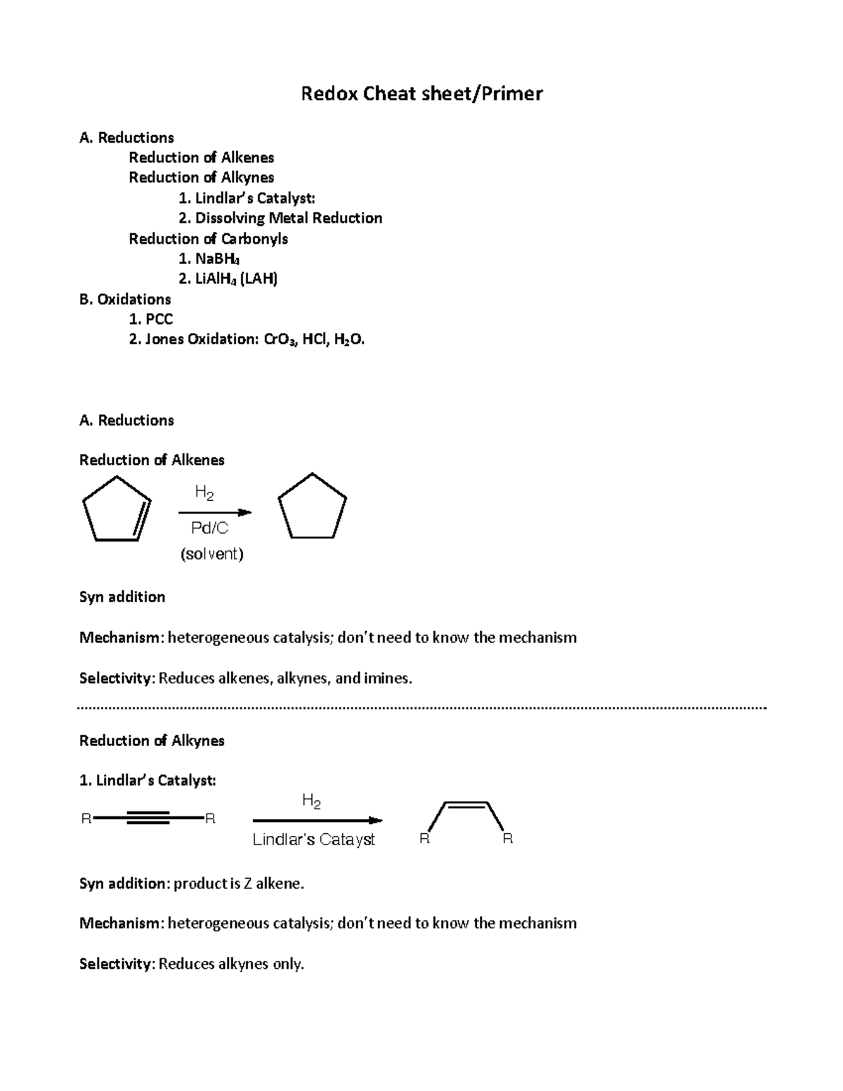 Redox Cheat sheet - Redox Cheat sheet/Primer A. Reductions Reduction of Alkenes Reduction of ...