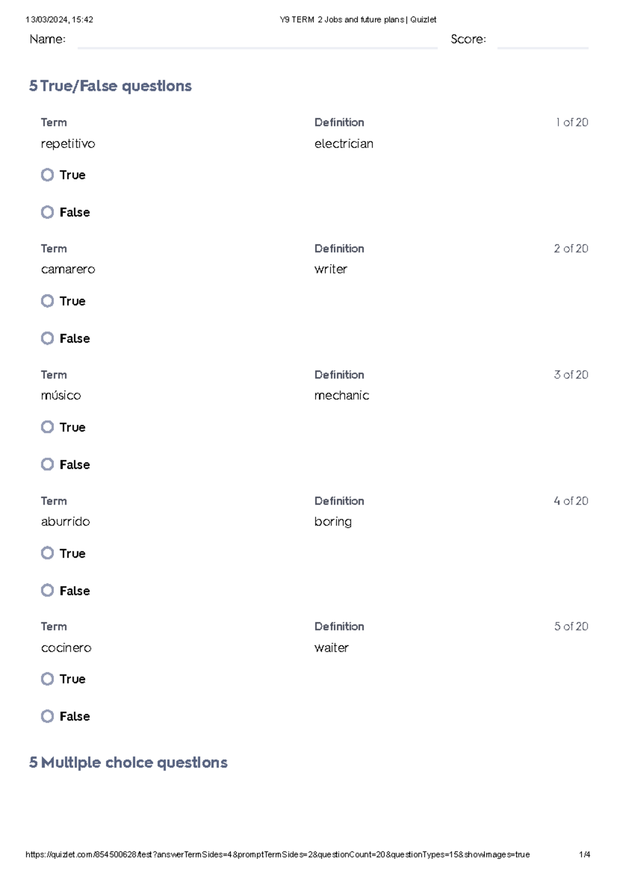 March II - fffffffffffffffff - Name: Score: 5 True/False questions 5 ...