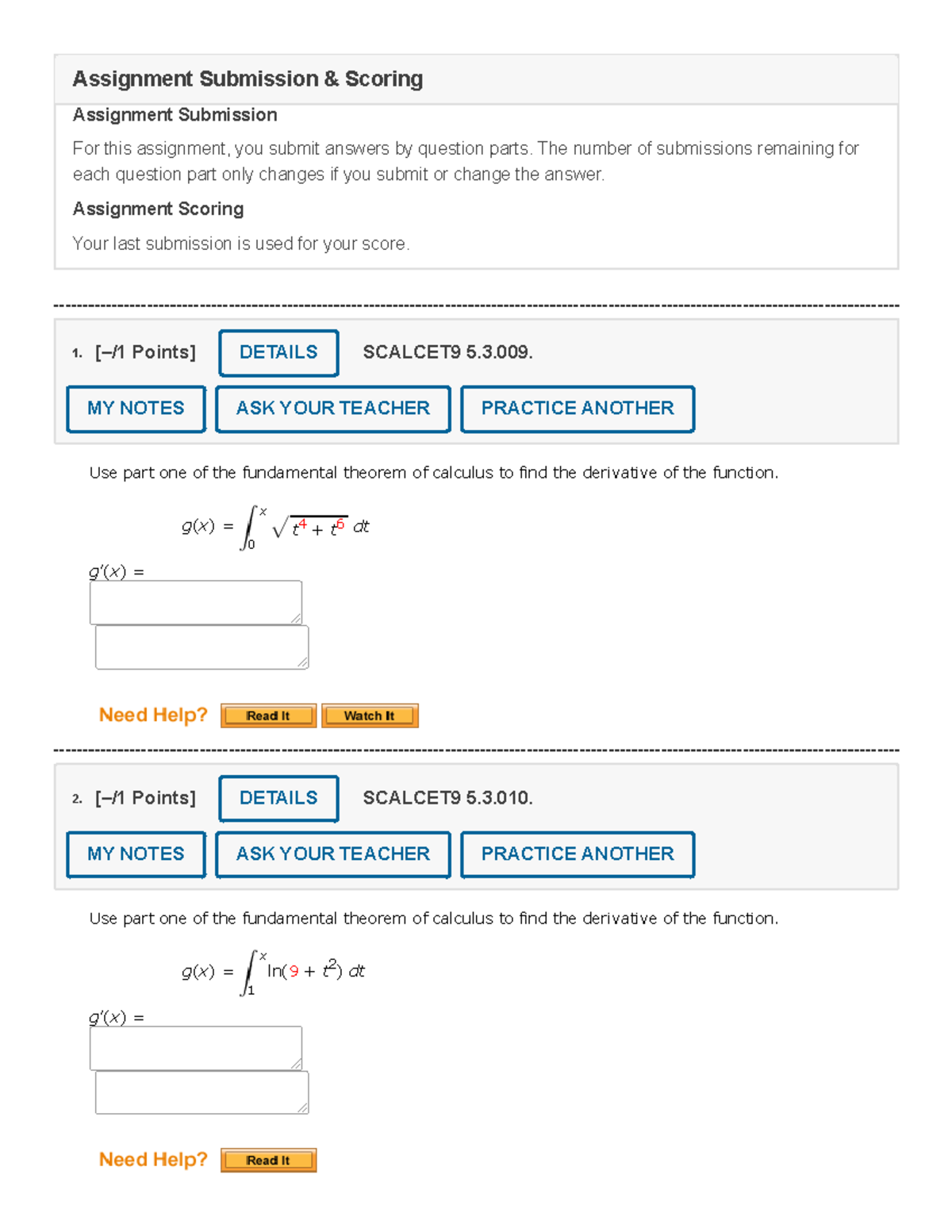 5.3 Homework - Fundamental Theorem of Calculus - MATH 1910 Spring 2022 ...