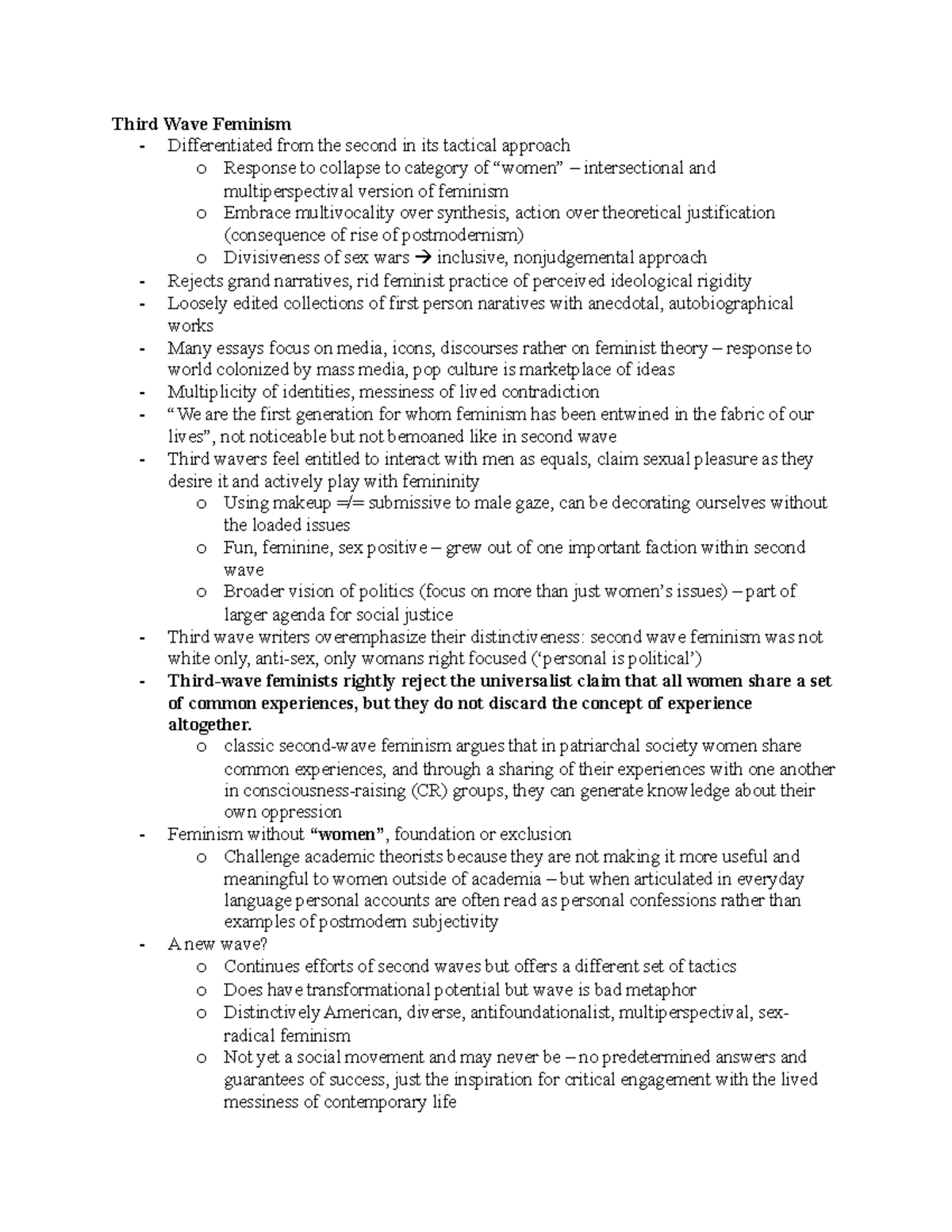 Third Wave Feminism - o classic feminism argues that in patriarchal ...