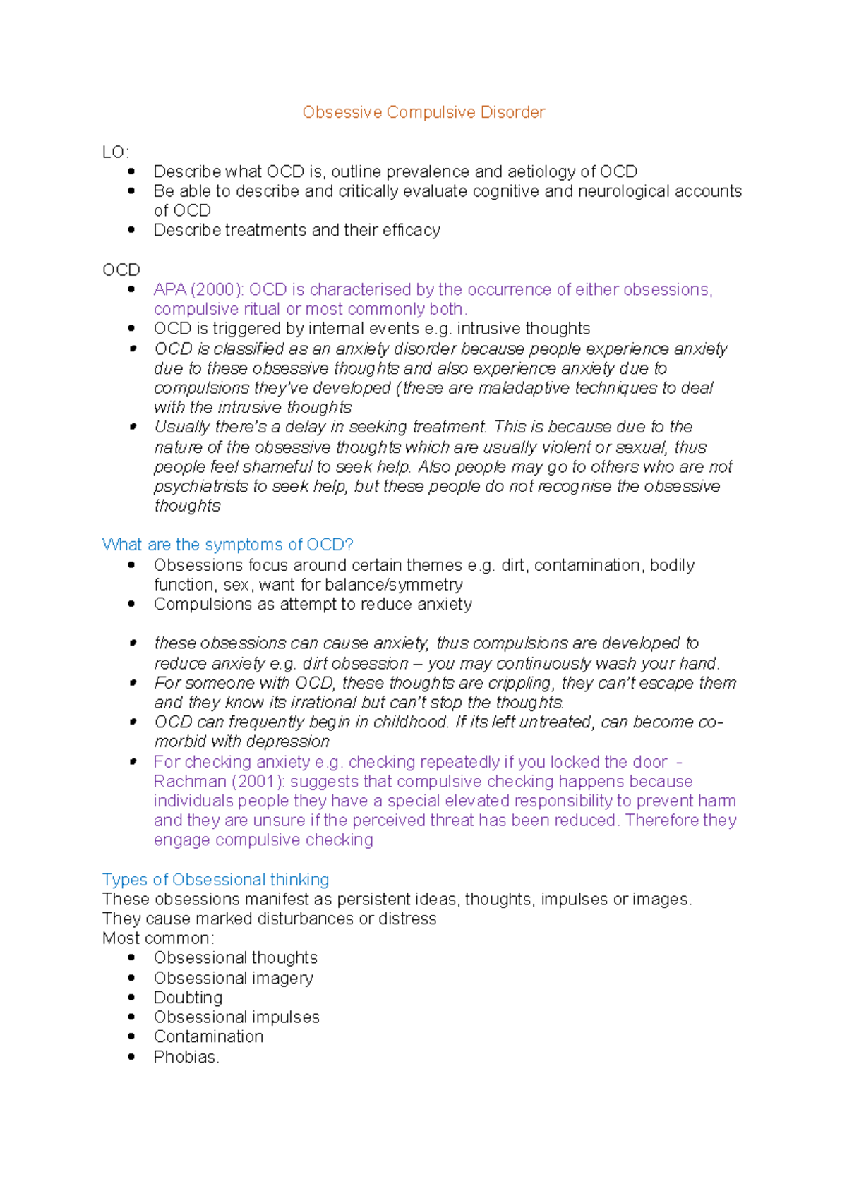 OCD - Lecture notes 1 - Obsessive Compulsive Disorder LO: Describe what ...