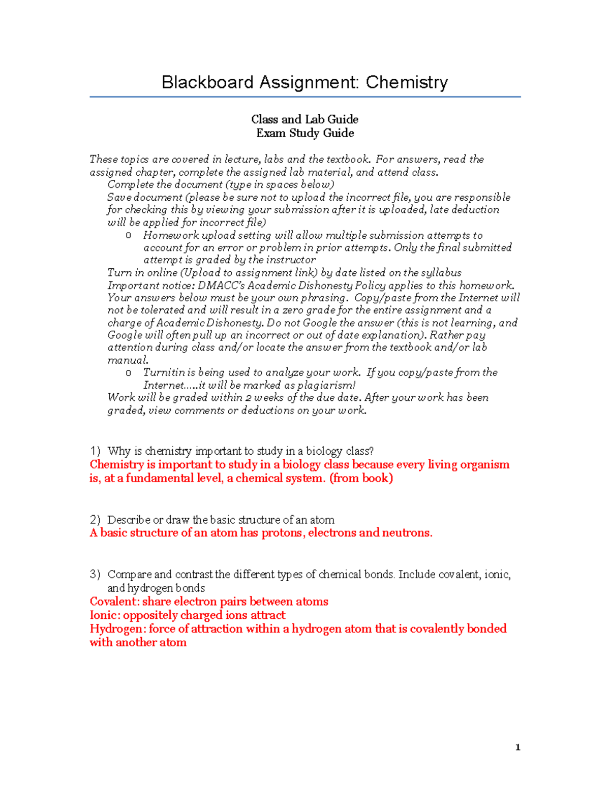 BIO104 Chemistry Blackboard Assignment - Blackboard Assignment ...