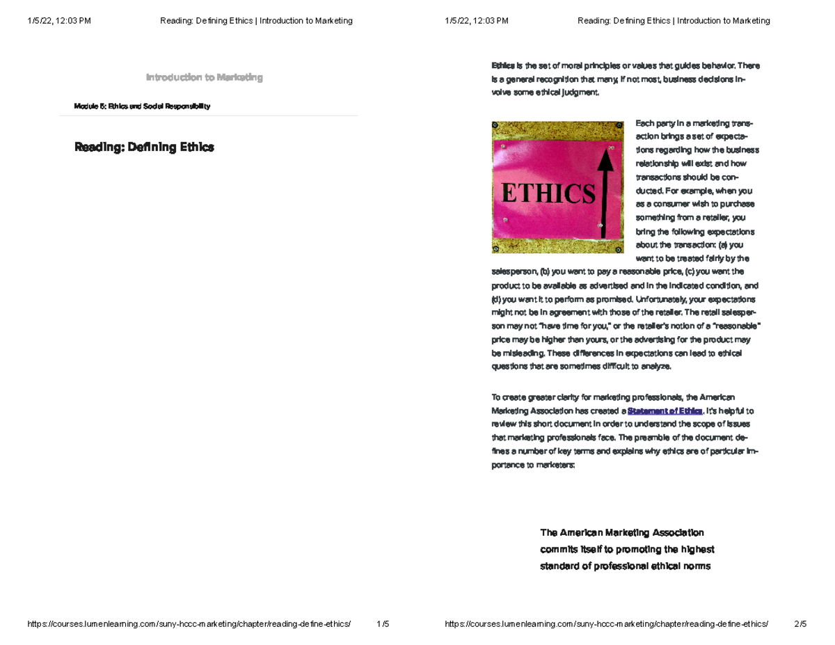 Reading Defining Ethics Introduction to Marketing - 1/5/22, 12:03 PM ...