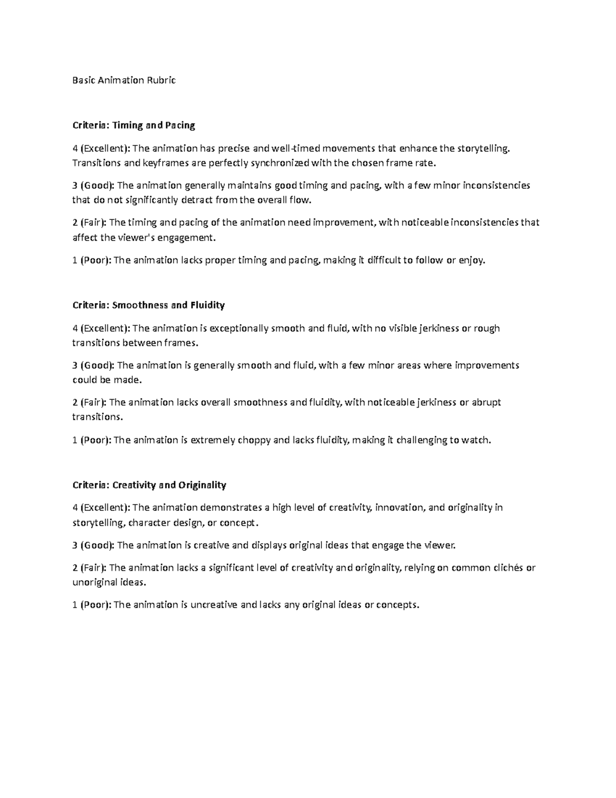 Basic Animation Rubric - Basic Animation Rubric Criteria: Timing and ...