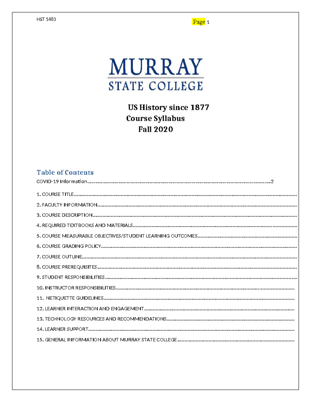 HST 1493 Syllabus Spring 22 16 Week - US History since 1877 Course ...