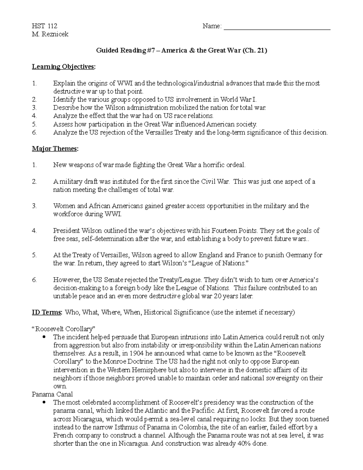 HST 112 - GR #7 - America & the Great War (Ch 21) - HST 112 M. Reznicek ...