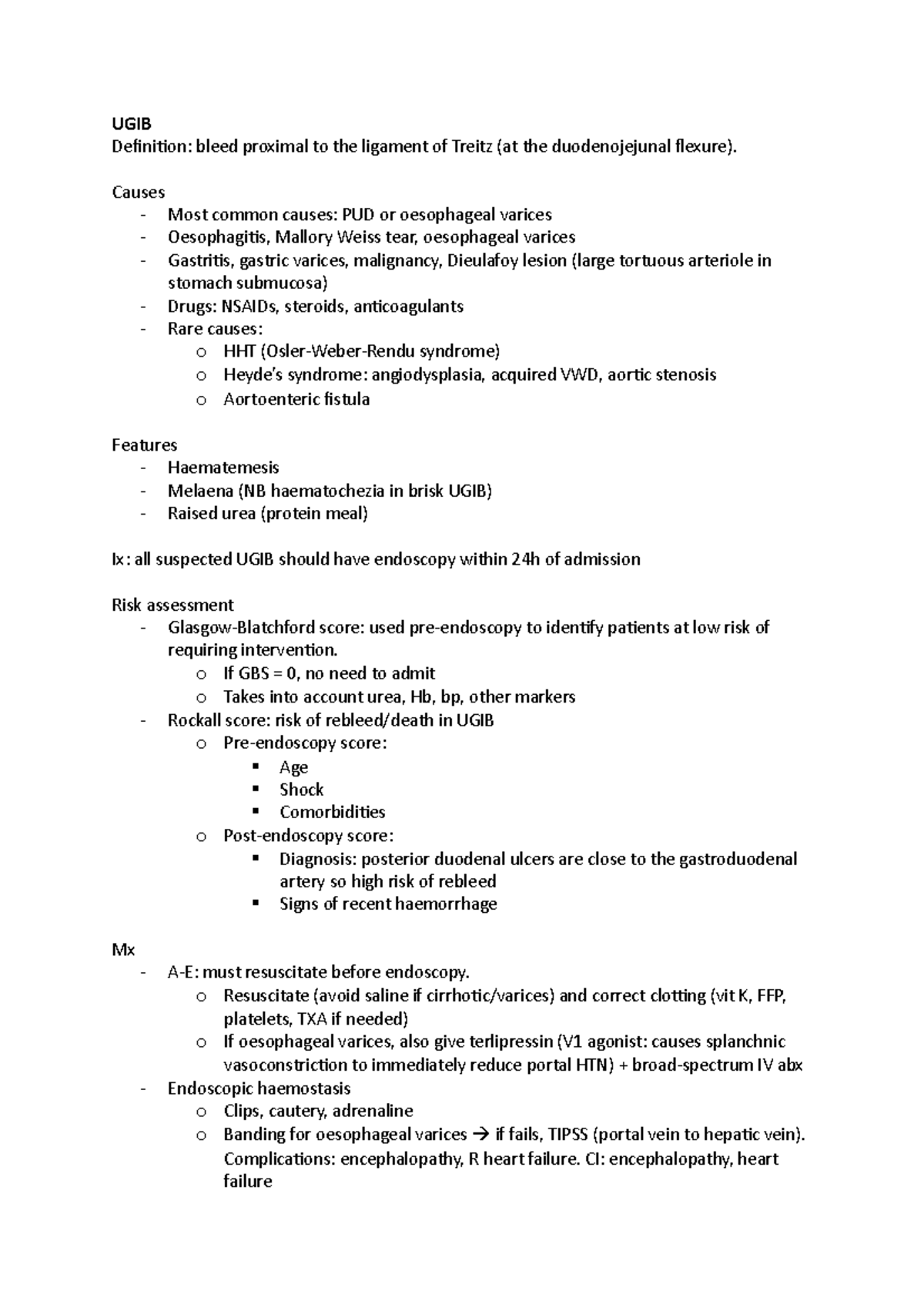 Finals notes on upper GI bleed - UGIB Definition: bleed proximal to the ...