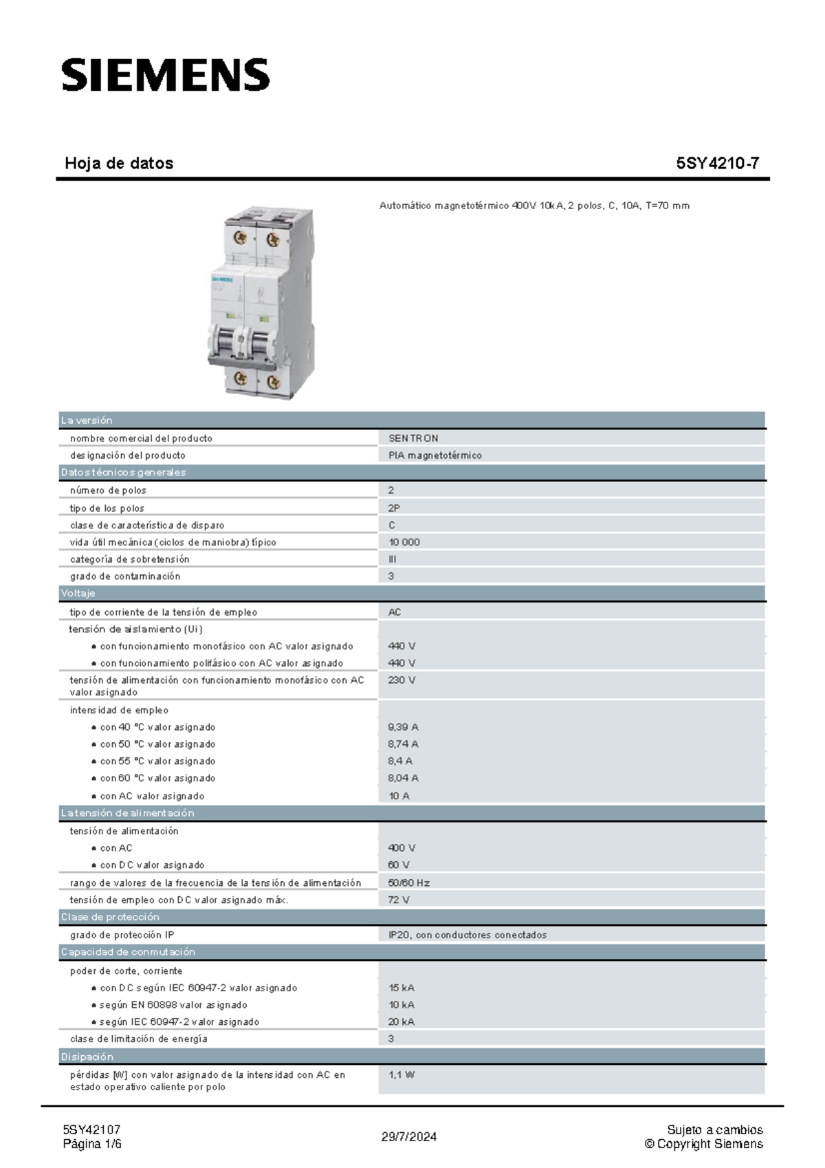 5SY42107 datasheet es - Ninguna - Hoja de datos 5SY4210- Automático magnetotérmico 400V 10kA, 2 ...