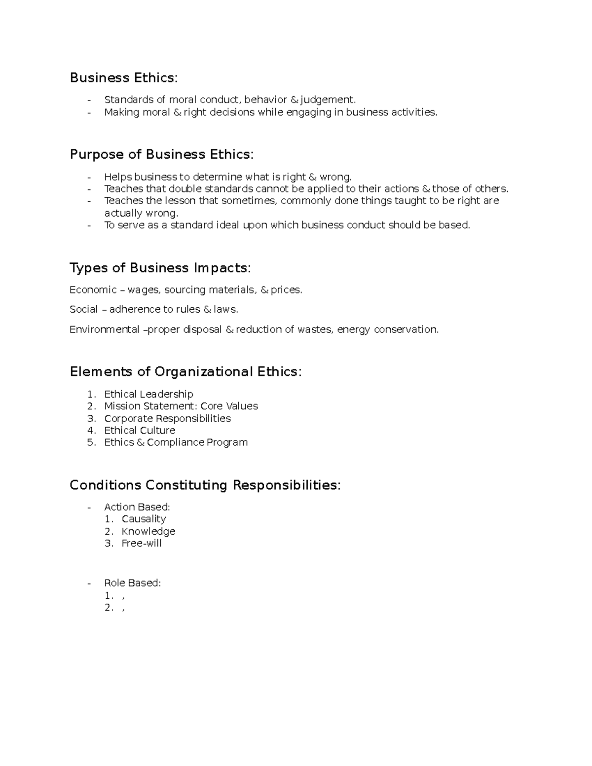 GovRisk - Business Ethics Notes - Business Ethics: - Standards of moral ...