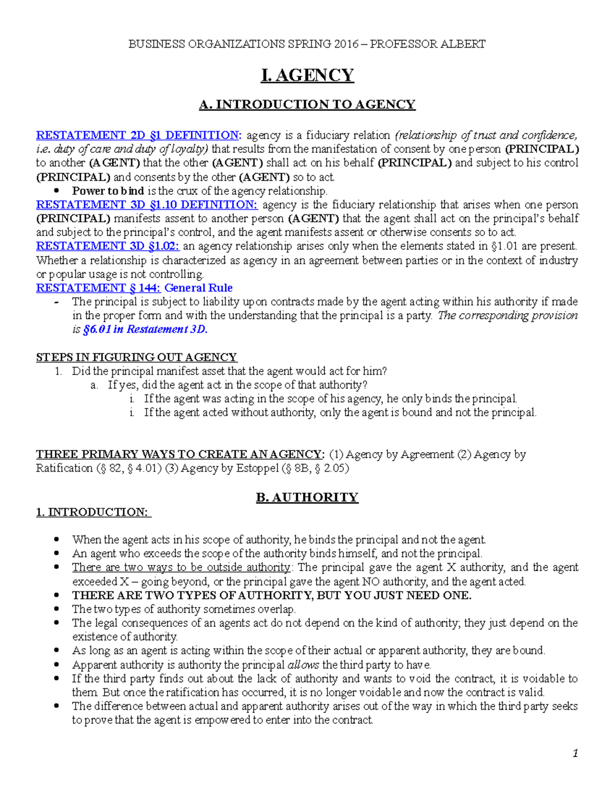 Business Organizations - Albert - I. AGENCY A. INTRODUCTION TO AGENCY ...