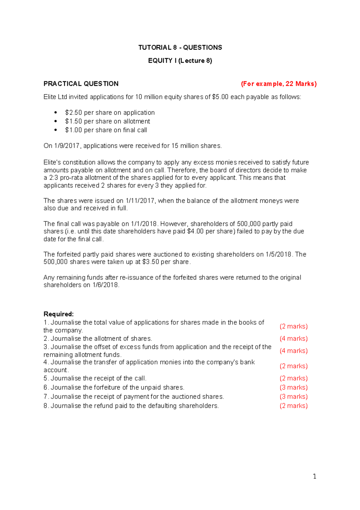 Ayb200 2021 1 L8 Tutorial Questions Tutorial 8 Questions Equity I Lecture 8 Practical
