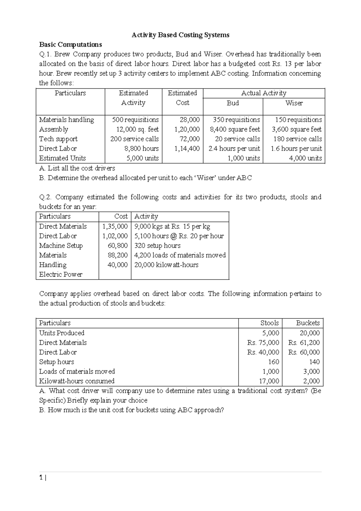 Activity Based Costing Systems questions - Activity Based Costing ...