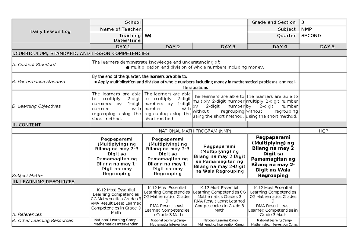 NMP W4Q2 Tagalog - essay - Daily Lesson Log School Grade and Section 3 ...