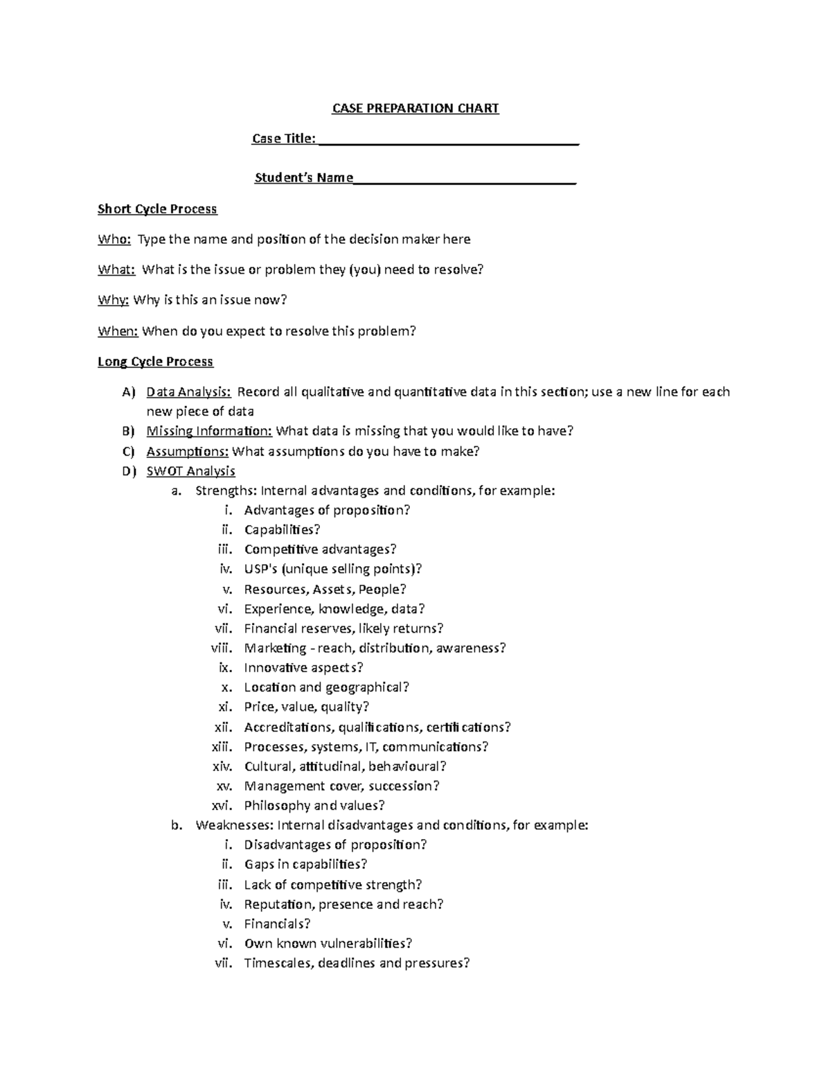 Case prep chart template - CASE PREPARATION CHART Case Title