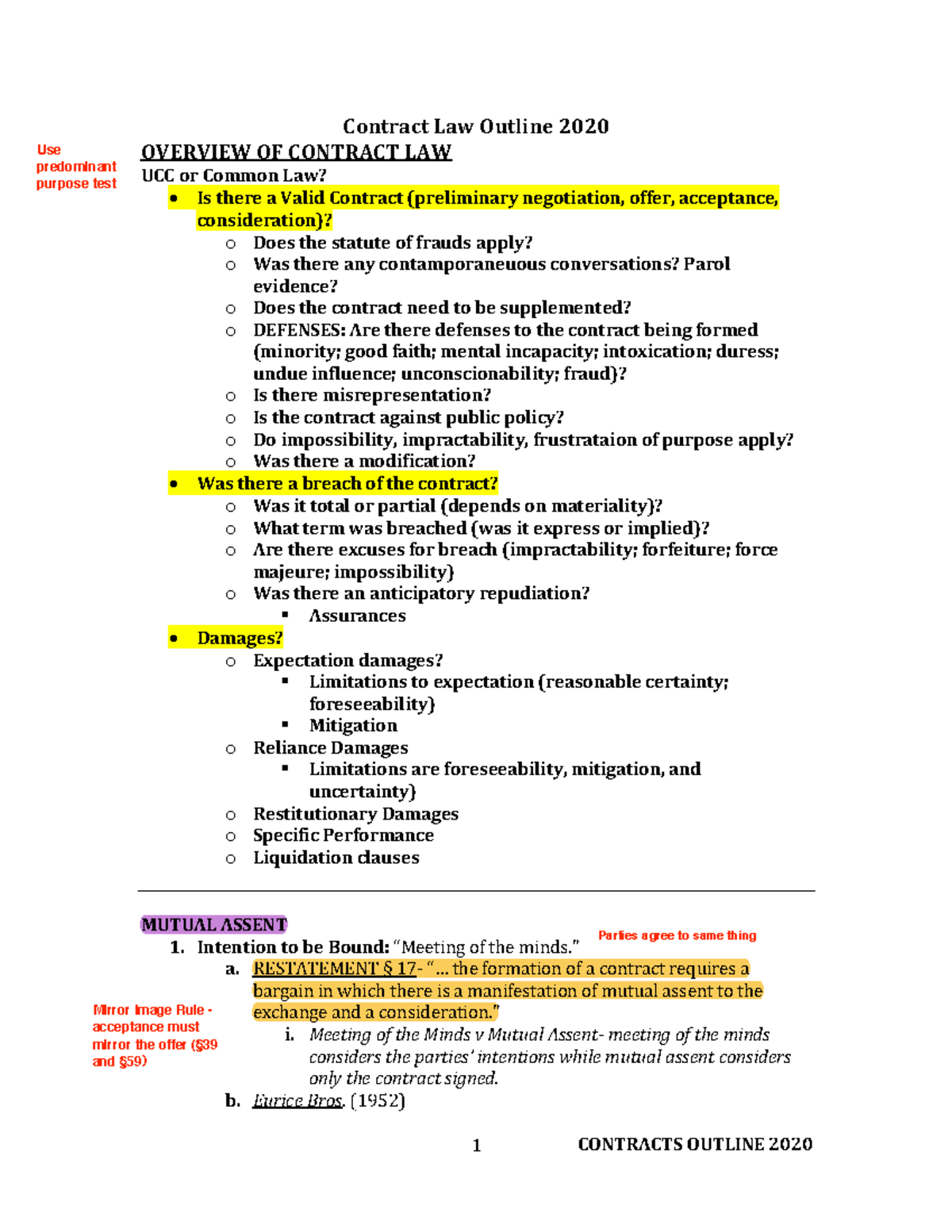 A+ Contract Outline - 1 CONTRACTS OUTLINE 2020 Contract Law Outline 2020 OVERVIEW OF CONTRACT ...