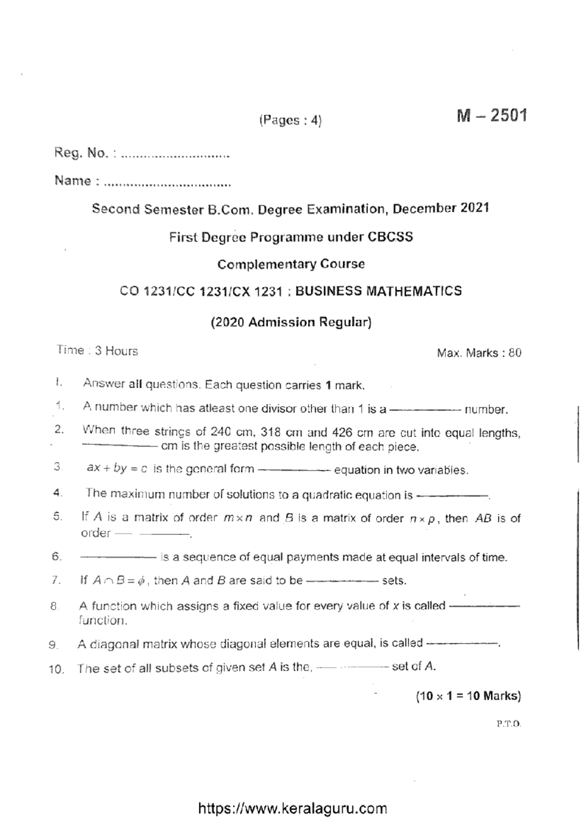 Bcom 2 sem business mathematics m 2501 dec 2021 - (Pages : 4) M 2501 Reg. No. : Name : Second ...