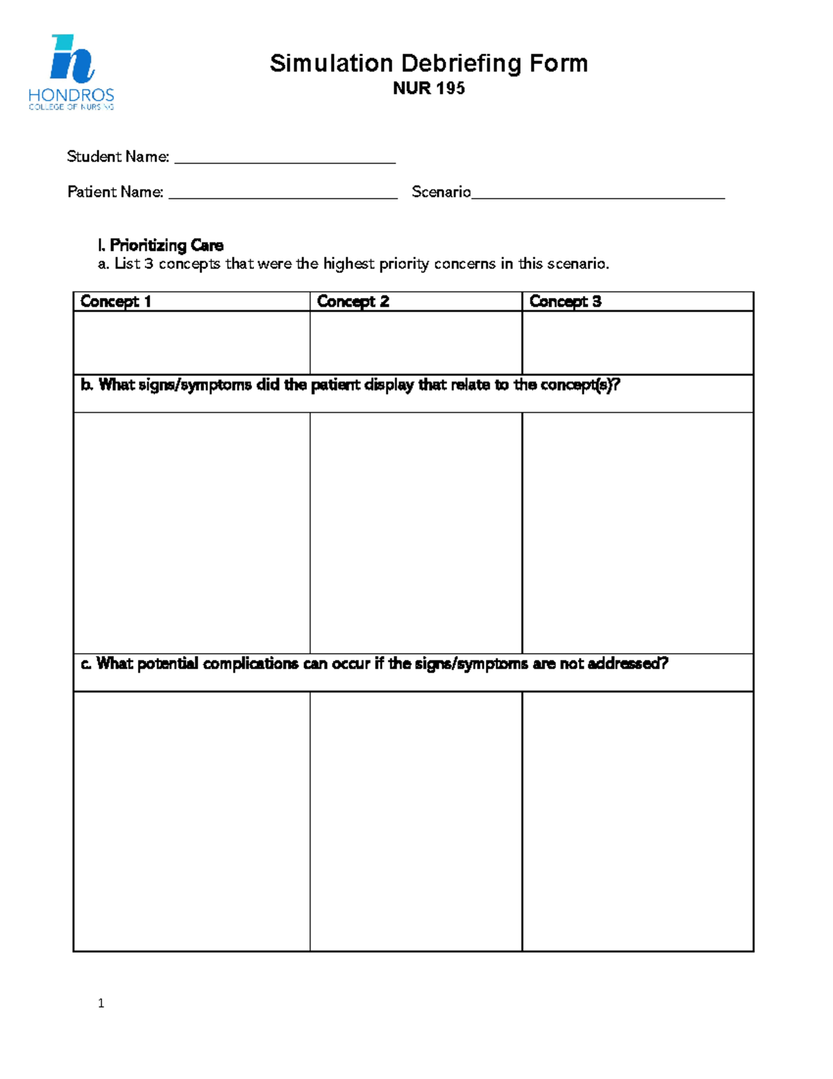 NUR 195 Simulation Debriefing Form Updated-2 - NUR 195 Student Name