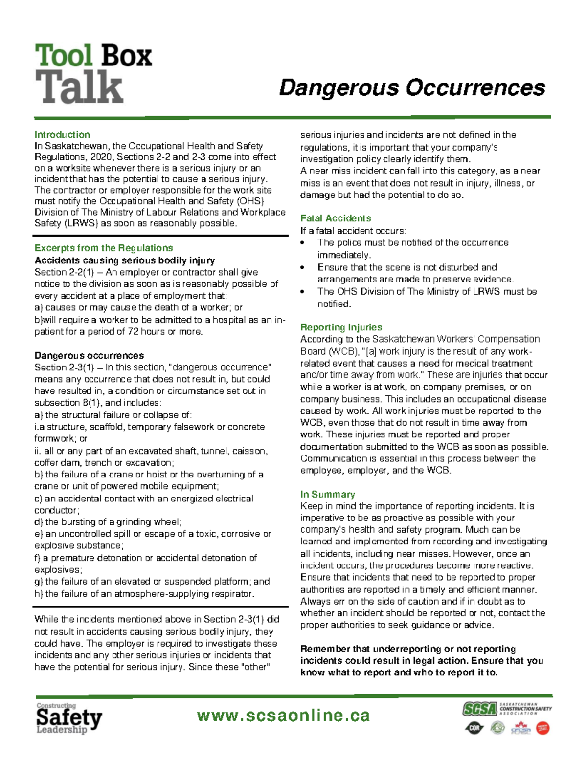 TBT Dangerous Occurrences 2021 05 26 - scsaonline Dangerous Occurrences ...