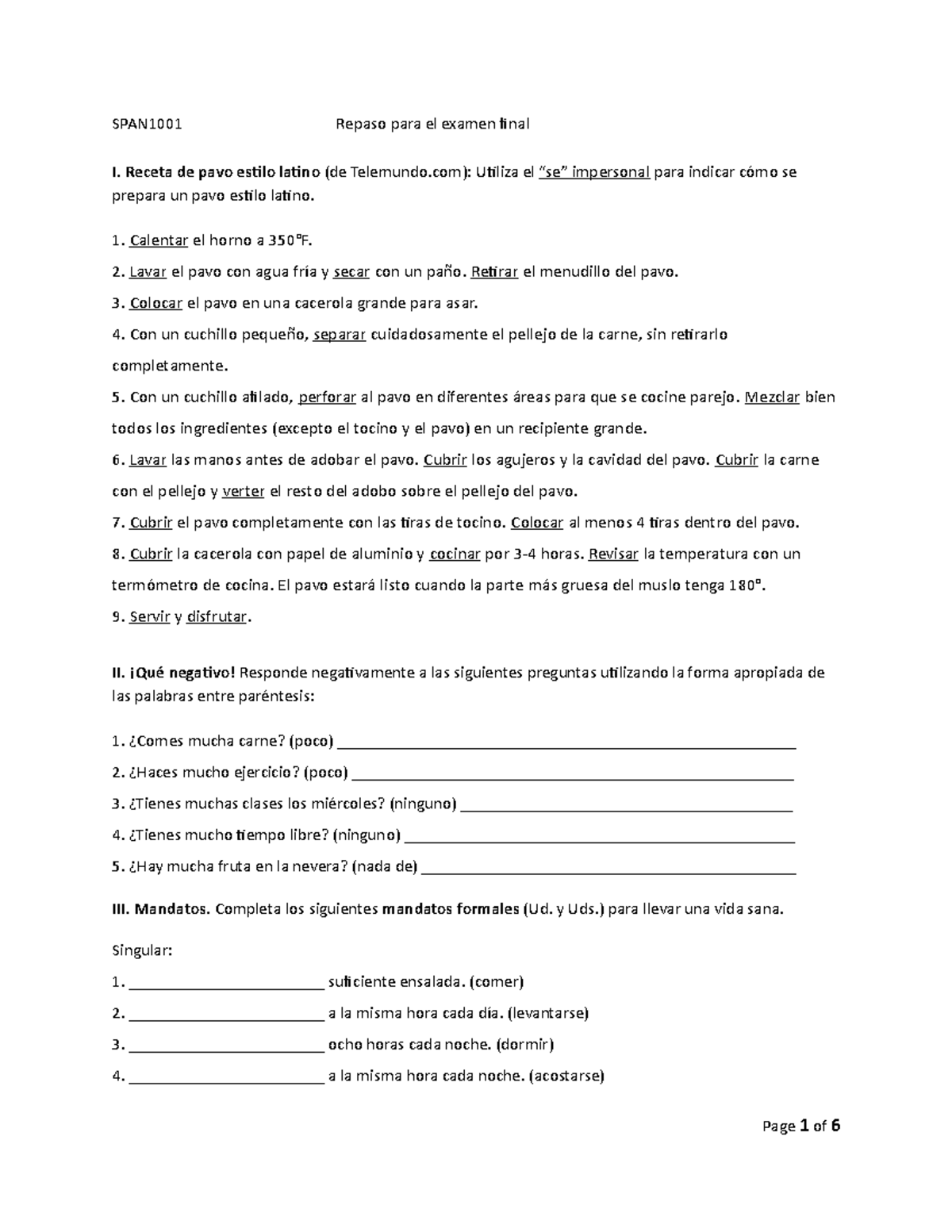 1001 Repaso examen final Gente 4e - SPAN1001 Repaso para el examen ...