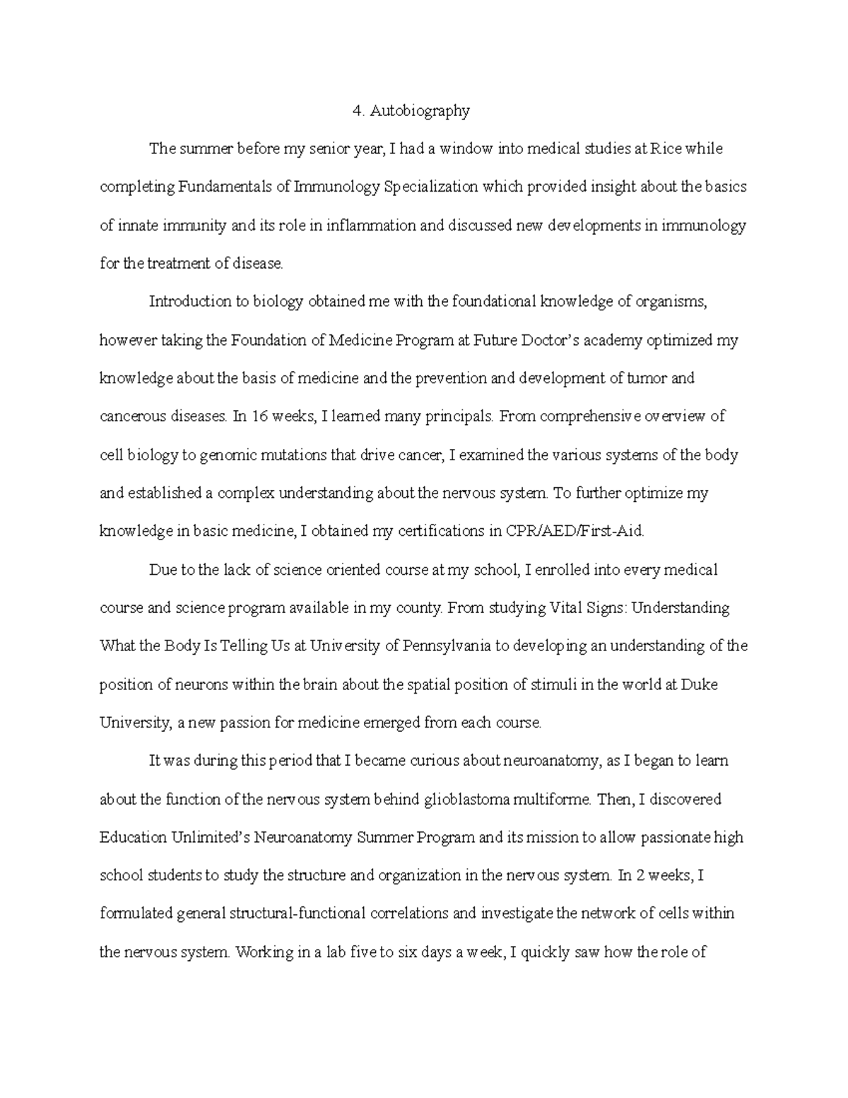 4. Autobiography - notes - Autobiography The summer before my senior ...