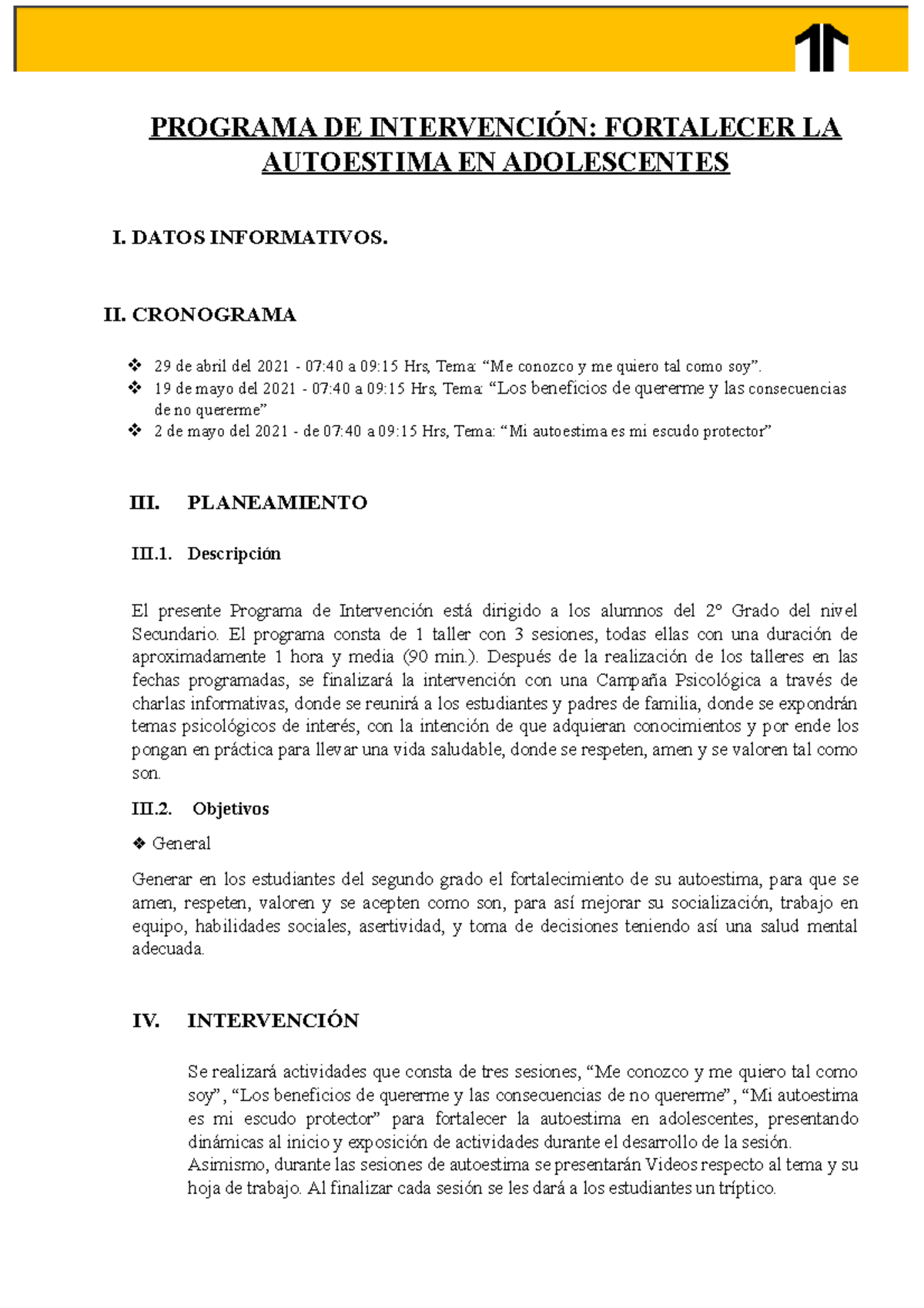 Programa DE Intervención -colegio - PROGRAMA DE INTERVENCIÓN: FORTALECER LA AUTOESTIMA EN - Studocu
