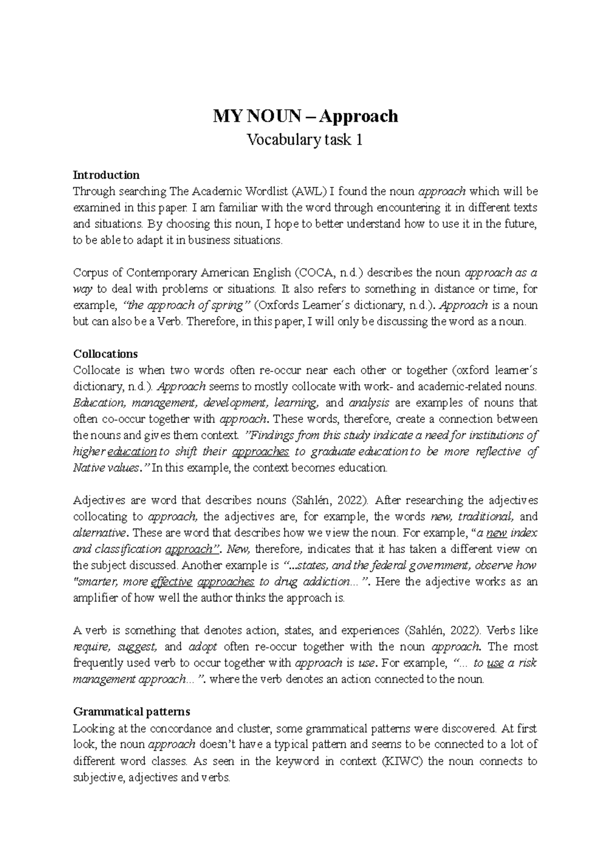 MY NOUN - INL1 - MY NOUN – Approach Vocabulary task 1 Introduction ...