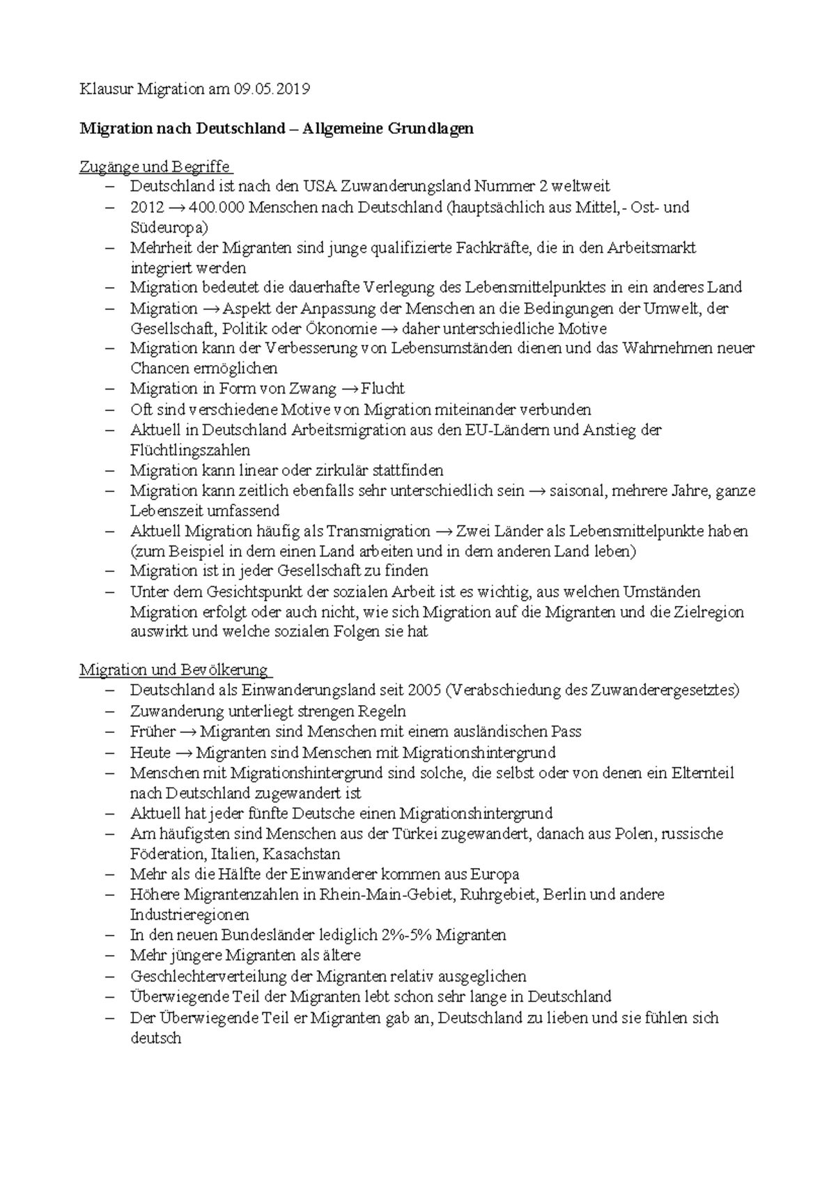 Lernzettel Migration Kopie pdf - Klausur Migration am 09. Migration nach Deutschland ...