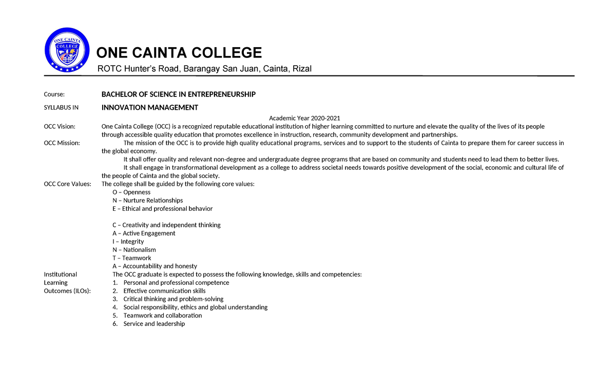 Syllabus 2nd Yr 2nd Sem Innovation-Management - ONE CAINTA COLLEGE ROTC ...
