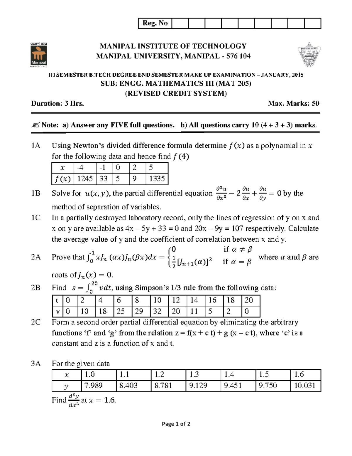 Engineering Mathematics III (MAT 205) RCS (Makeup) - Page 1 of 2 ...