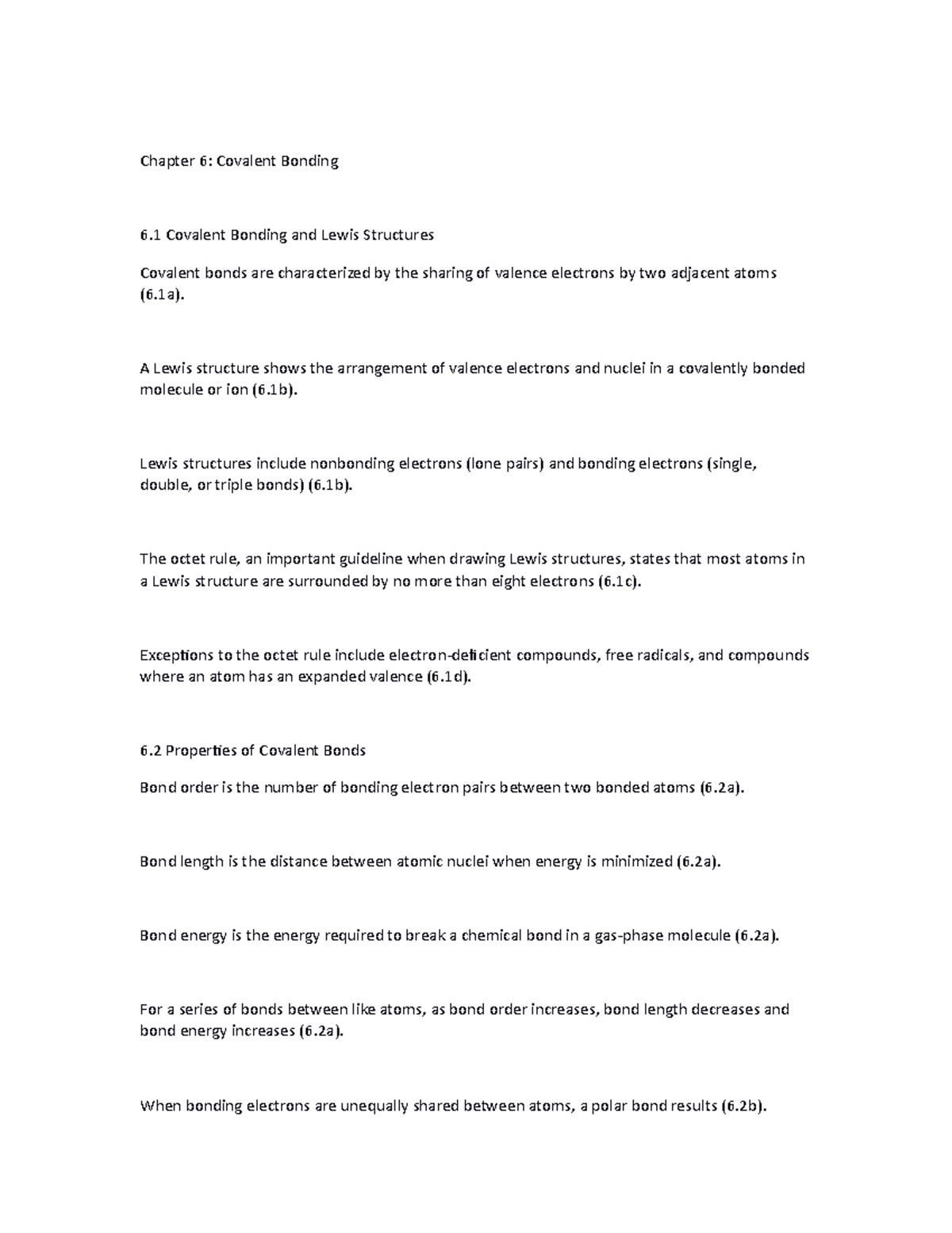 General Chemistry I notes - Chapter 6: Covalent Bonding 6 Covalent ...