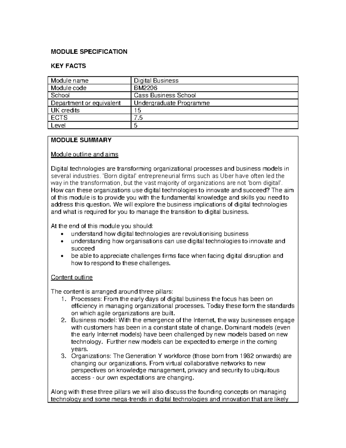 BM2206 - Digital Business - MODULE SPECIFICATION KEY FACTS Module name ...
