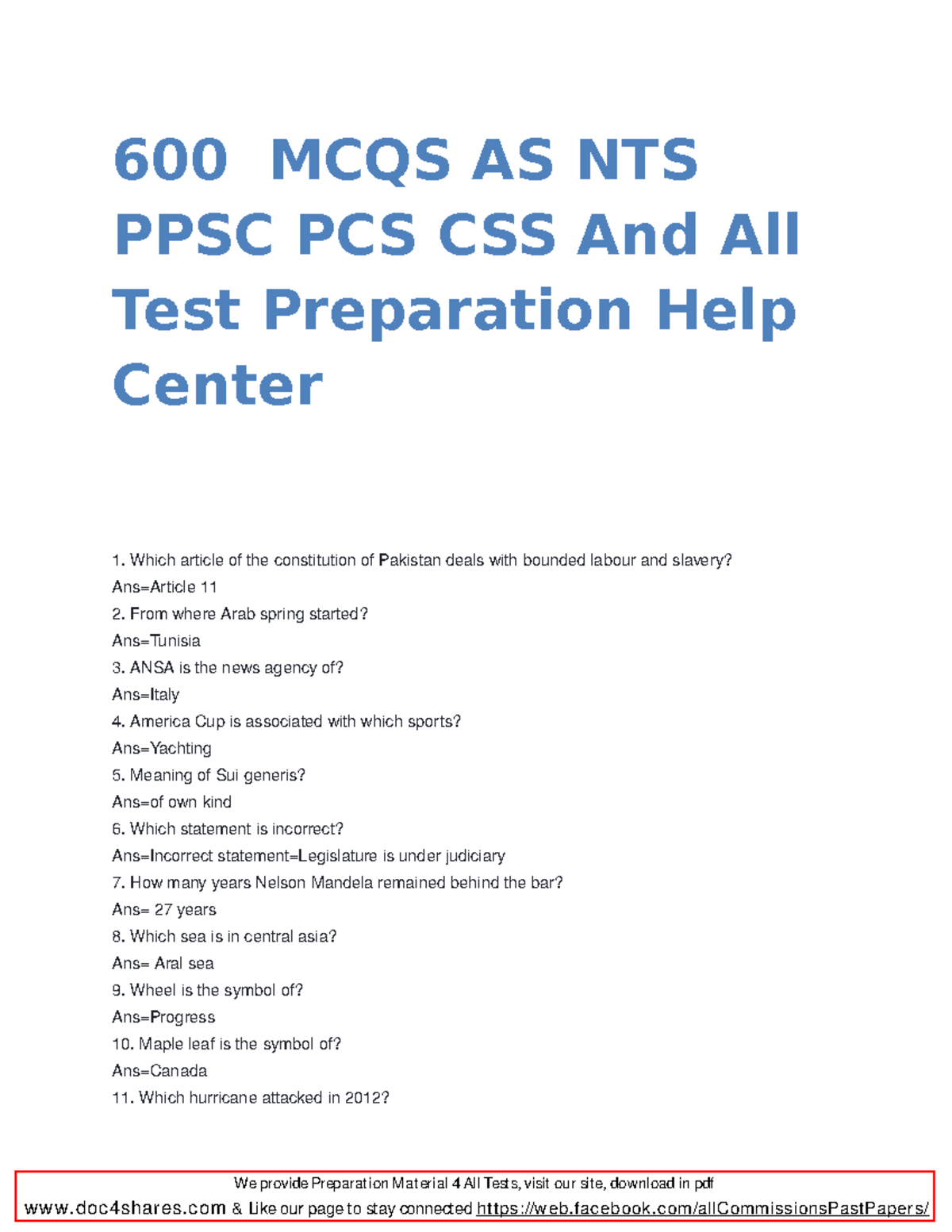600 MCQS AS NTS PPSC PCS CSS And All Test Preparation - 600 MCQS AS NTS ...