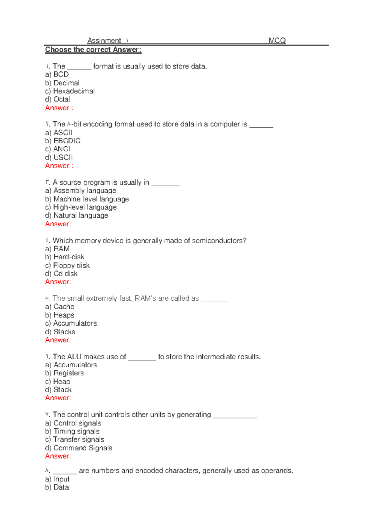 1 Functional Units Of A Computer 1 Assinment 1 Mcq Choose The Correct Answer The 
