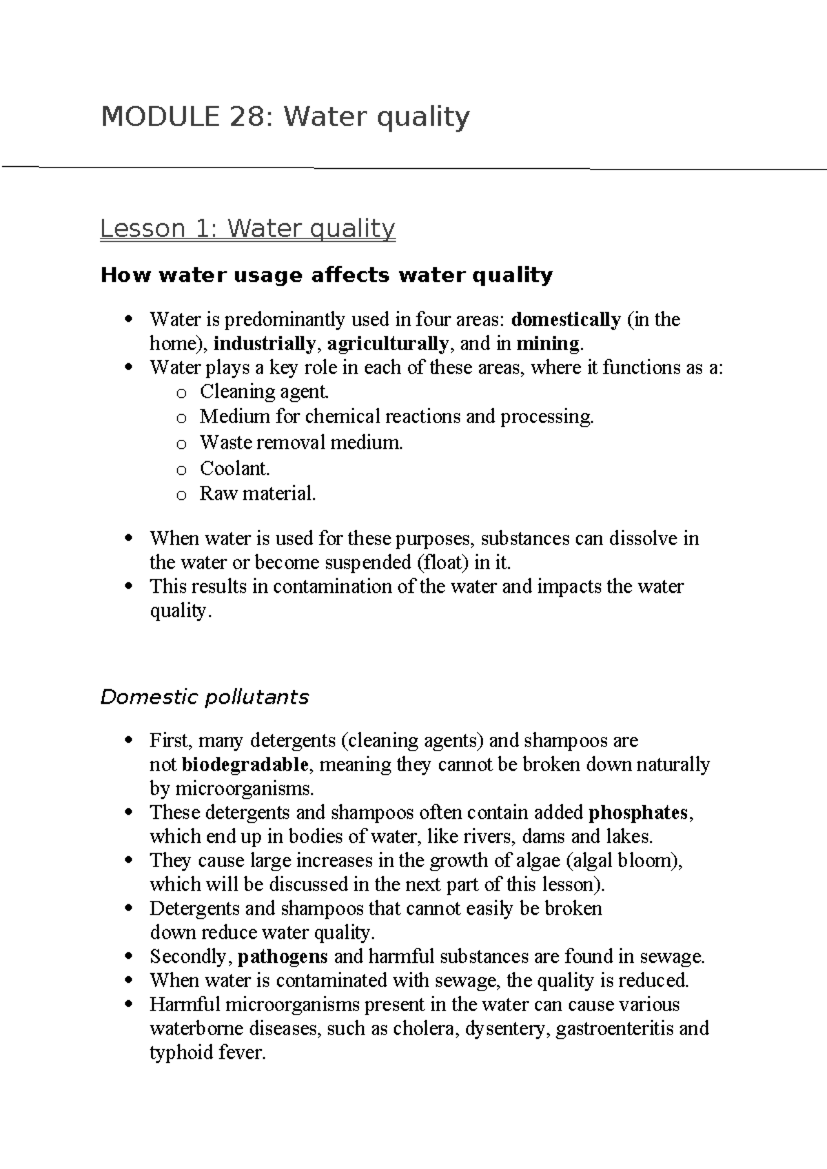 Module 28- Water quality - MODULE 28: Water quality Lesson 1: Water ...