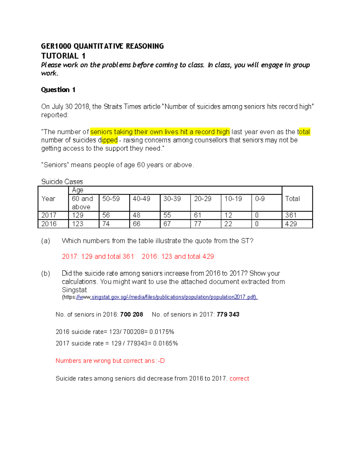Tutorial 1 - GER1000 QUANTITATIVE REASONING TUTORIAL 1 Please work on the problems before coming ...