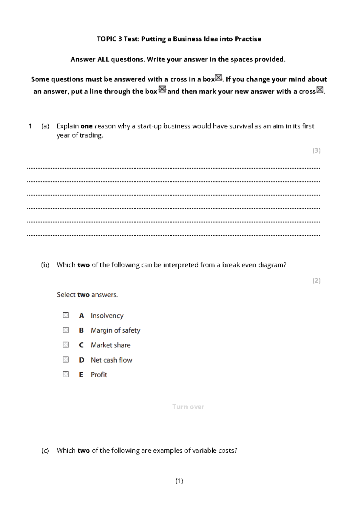 rh dth tfh fth fthft - TOPIC 3 Test: Putting a Business Idea into ...