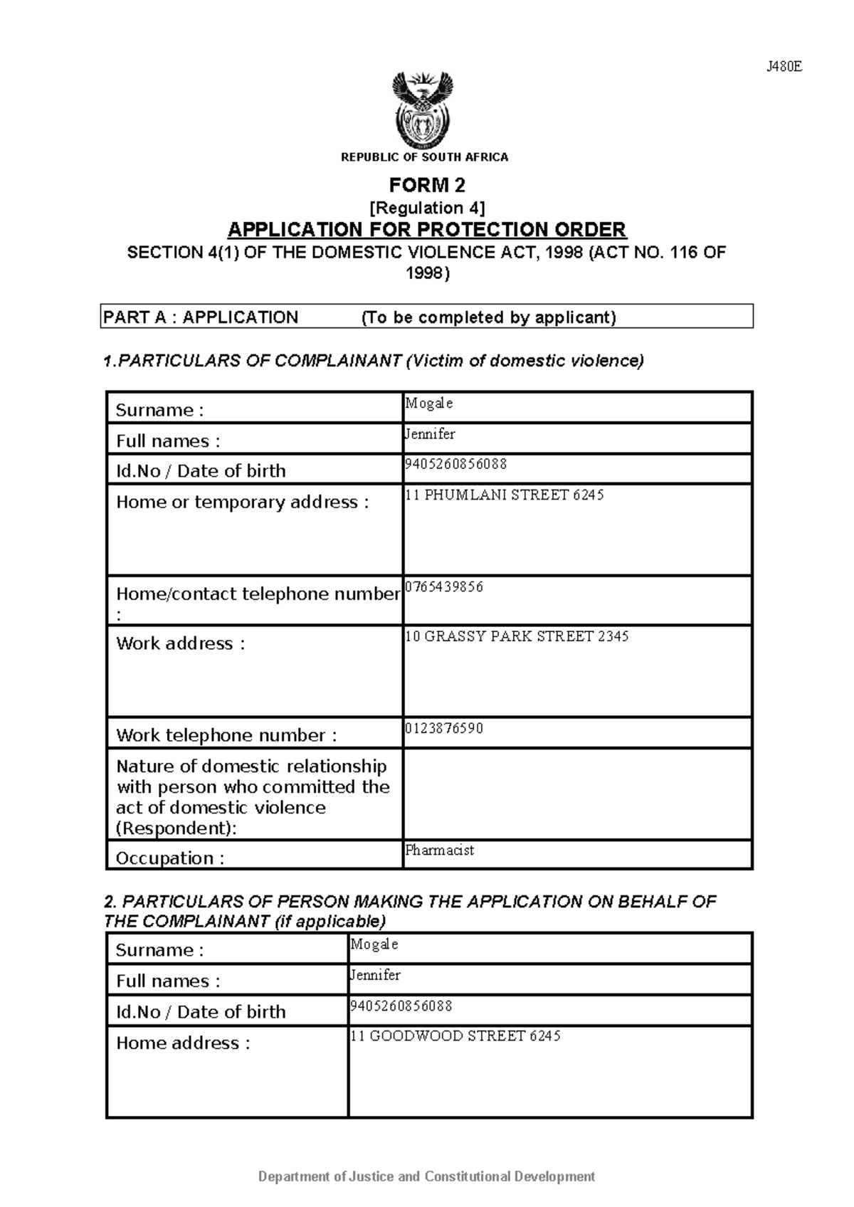 Protection order application - REPUBLIC OF SOUTH AFRICA FORM 2 ...
