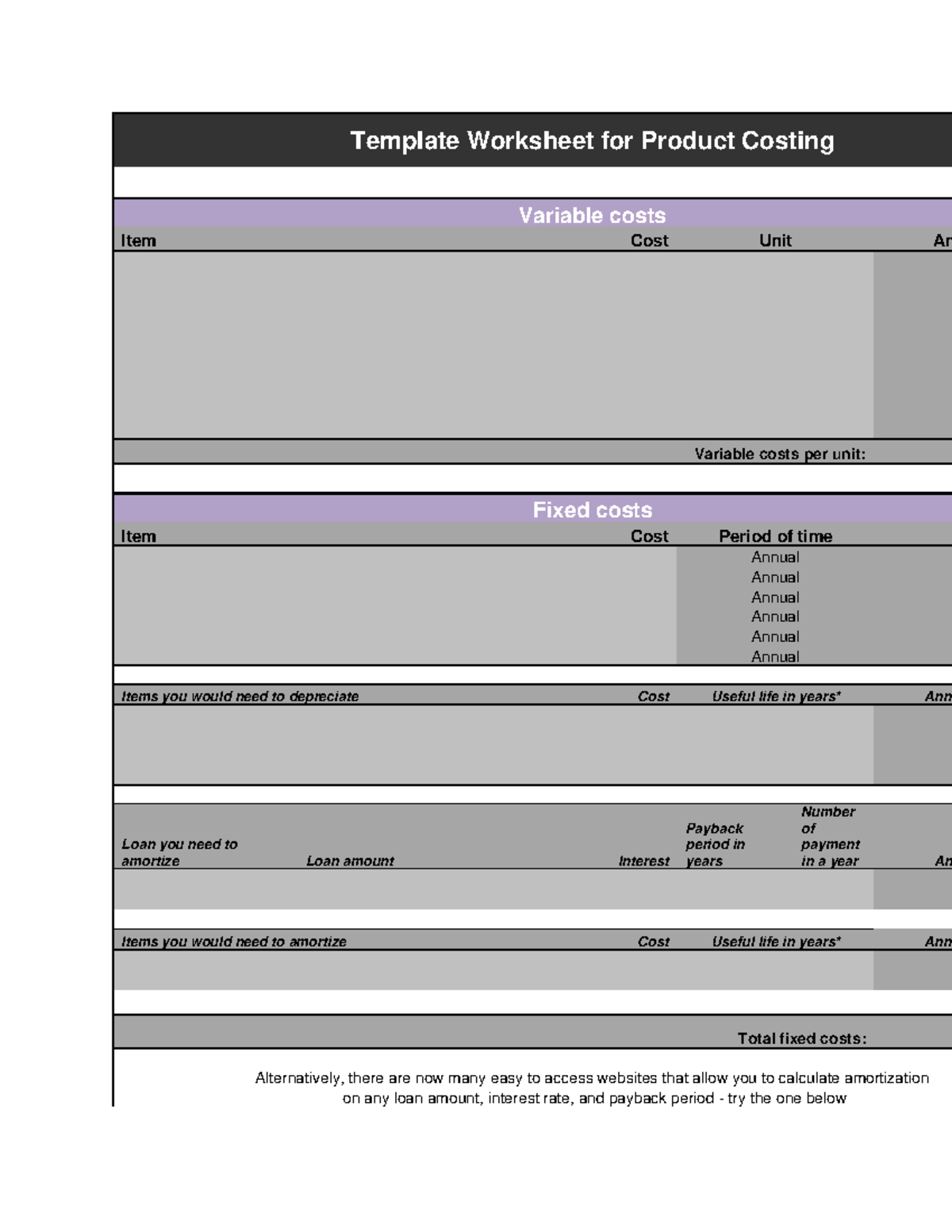 Work costing - work sheet - Template Worksheet for Product Costing ...